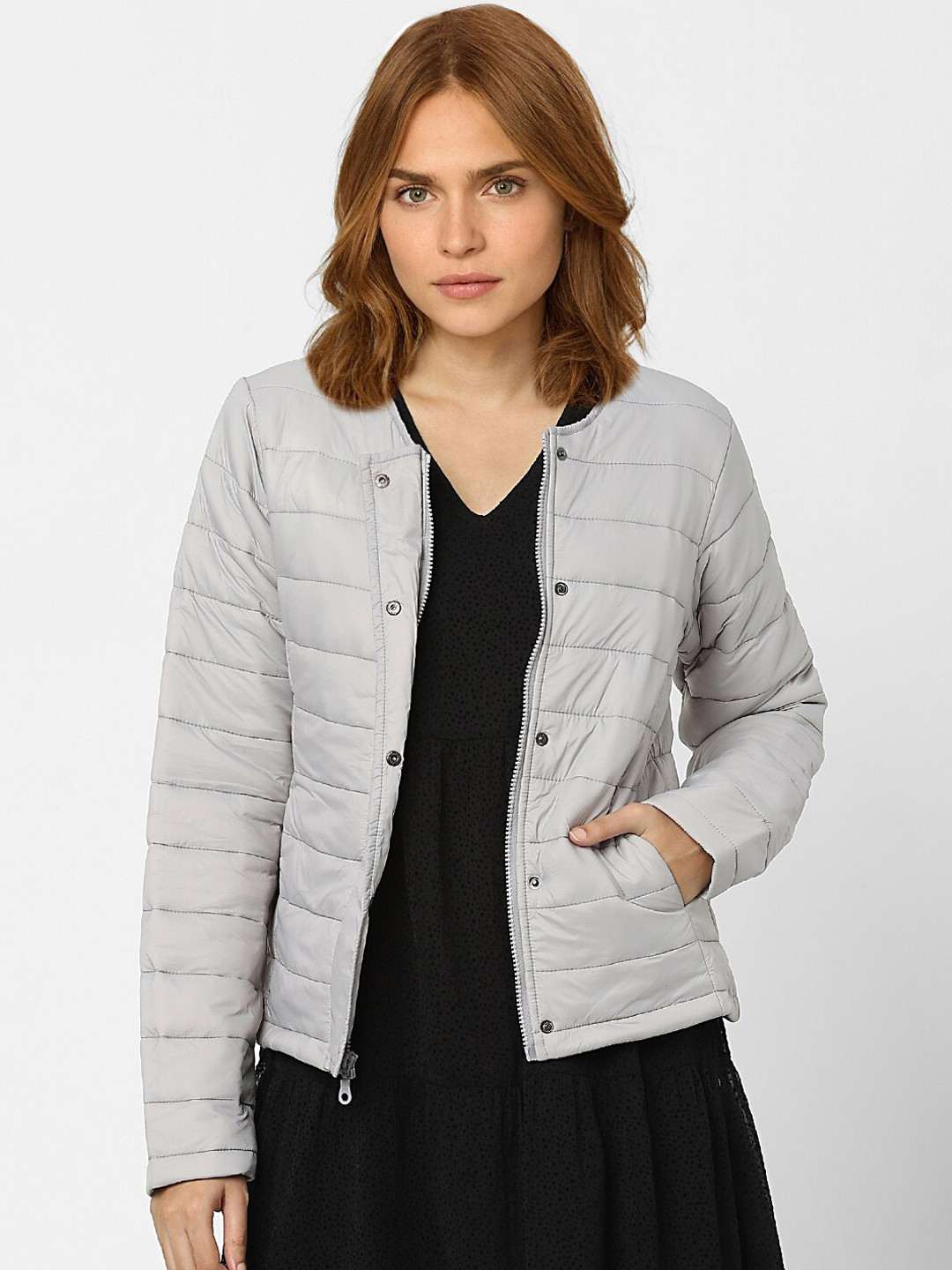 Buy Vero Moda Women Grey Crop Puffer Jacket With Patchwork - Jackets ...