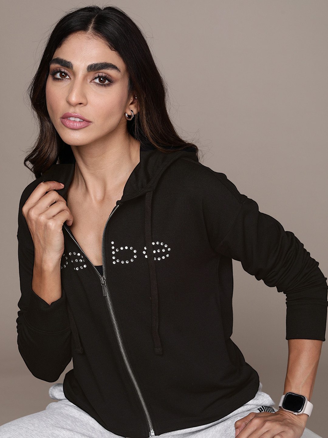 Buy Bebe Women Black Brand Logo Embellished Hooded Sweatshirt ...