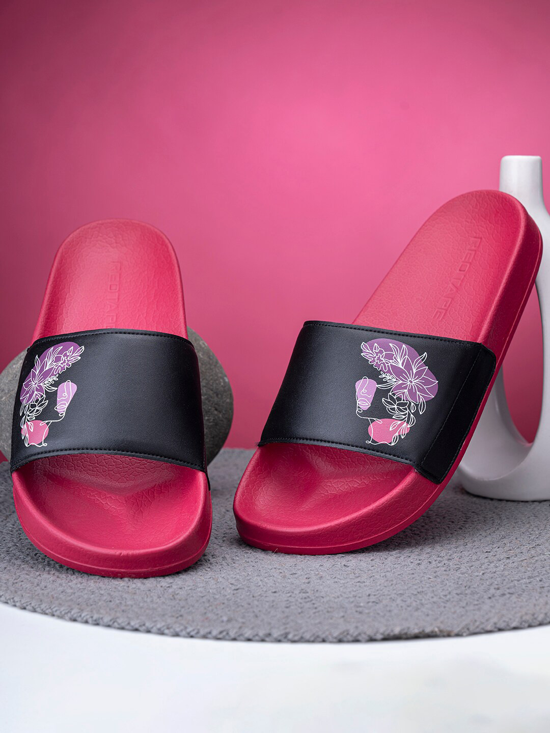 Buy Red Tape Women Magenta & Black Printed Rubber Sliders - Flip Flops ...