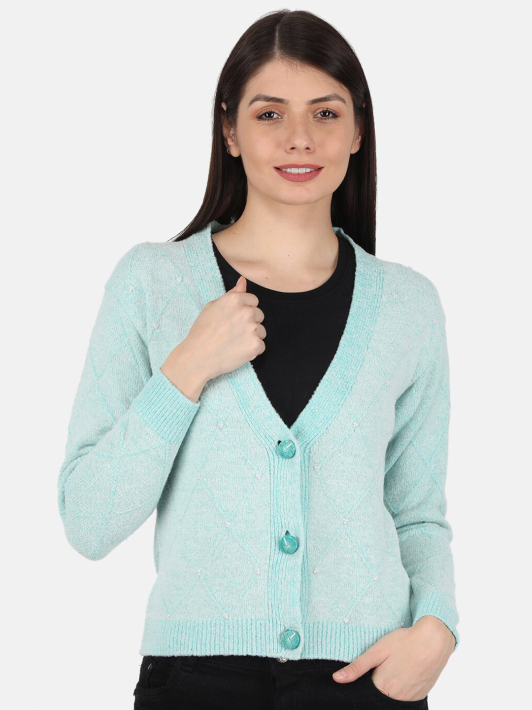 Buy Monte Carlo Women Turquoise Blue Cable Knit Wool Cardigan ...