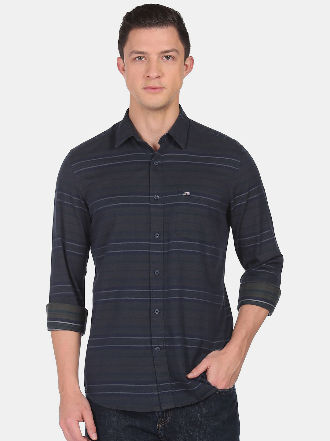 Buy Arrow Sport Men Navy Blue Slim Fit Horizontal Striped Casual Shirt ...