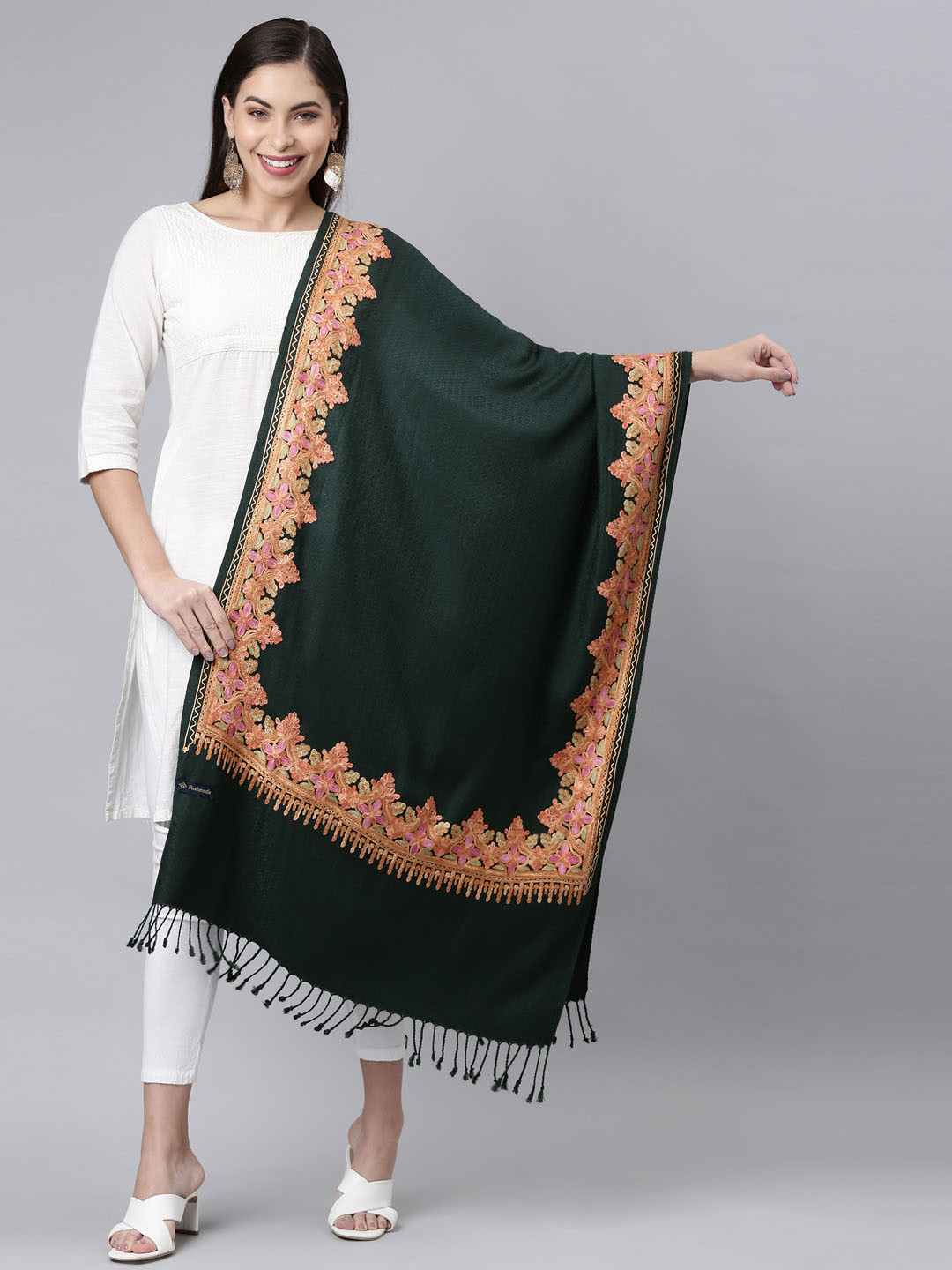 Buy Pashmoda Women Green Aari Embroidered Shawl - Shawl for Women ...