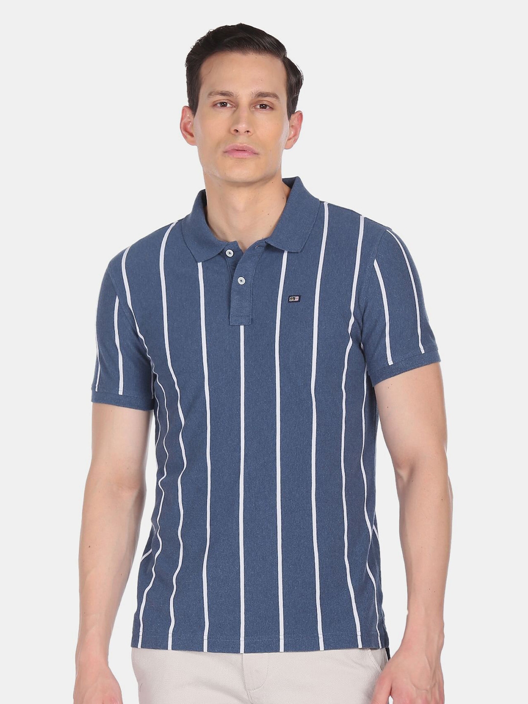 Buy Arrow Sport Men Blue Striped Polo Collar Cotton T Shirt Tshirts