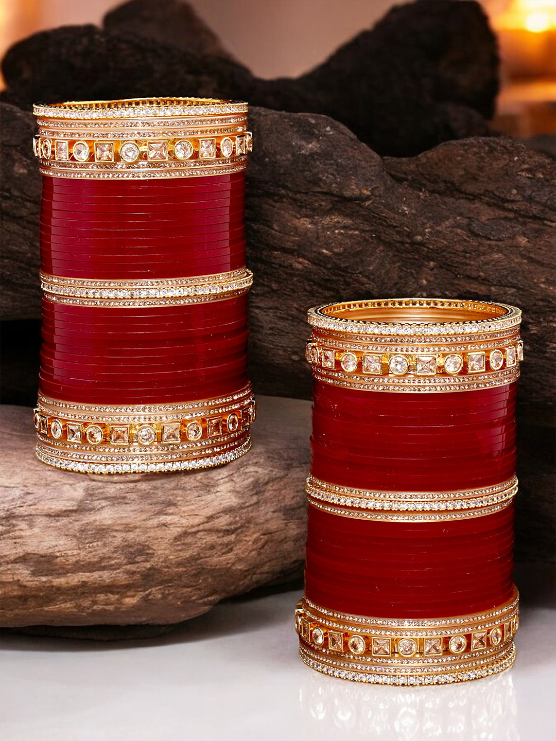 Buy LUCKY JEWELLERY Gold Plated Red Stone Studded Chura Bangle Set ...