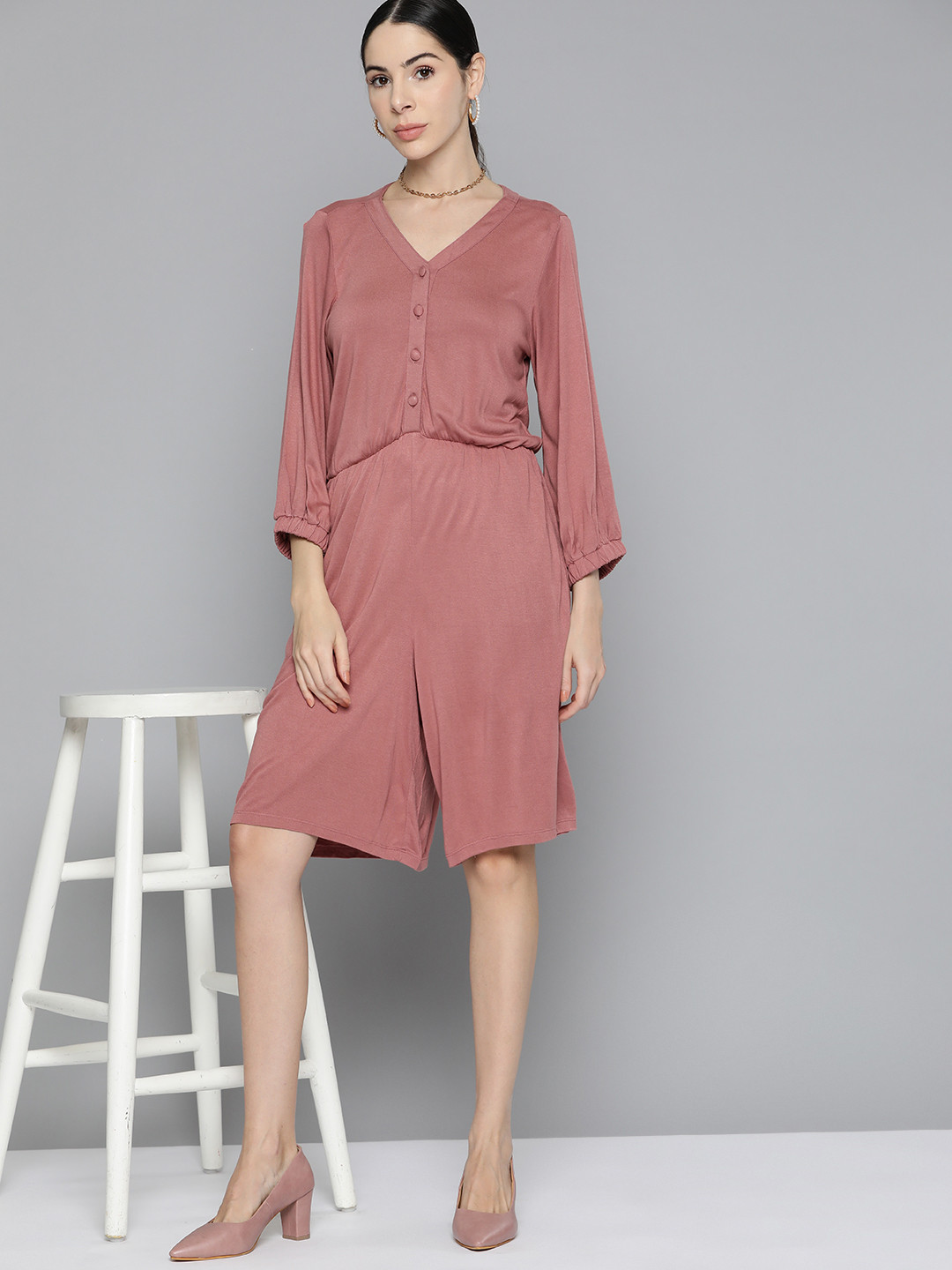 Buy Chemistry Women Dusty Rose Pink Solid Knee Length Knitted Jumpsuit ...