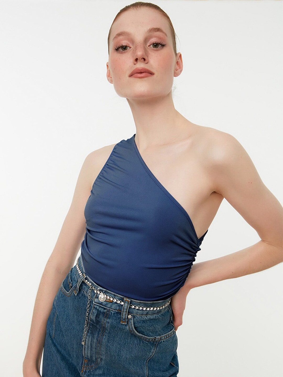 Buy Trendyol Women Blue Solid One Shoulder Top - Tops for Women ...