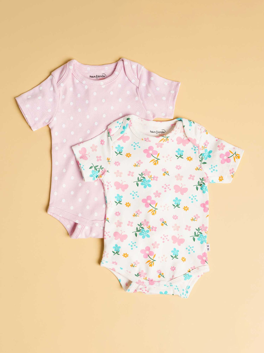 Buy Haus & Kinder Kids Pack Of 2 Pink & White Printed Cotton Bodysuit ...