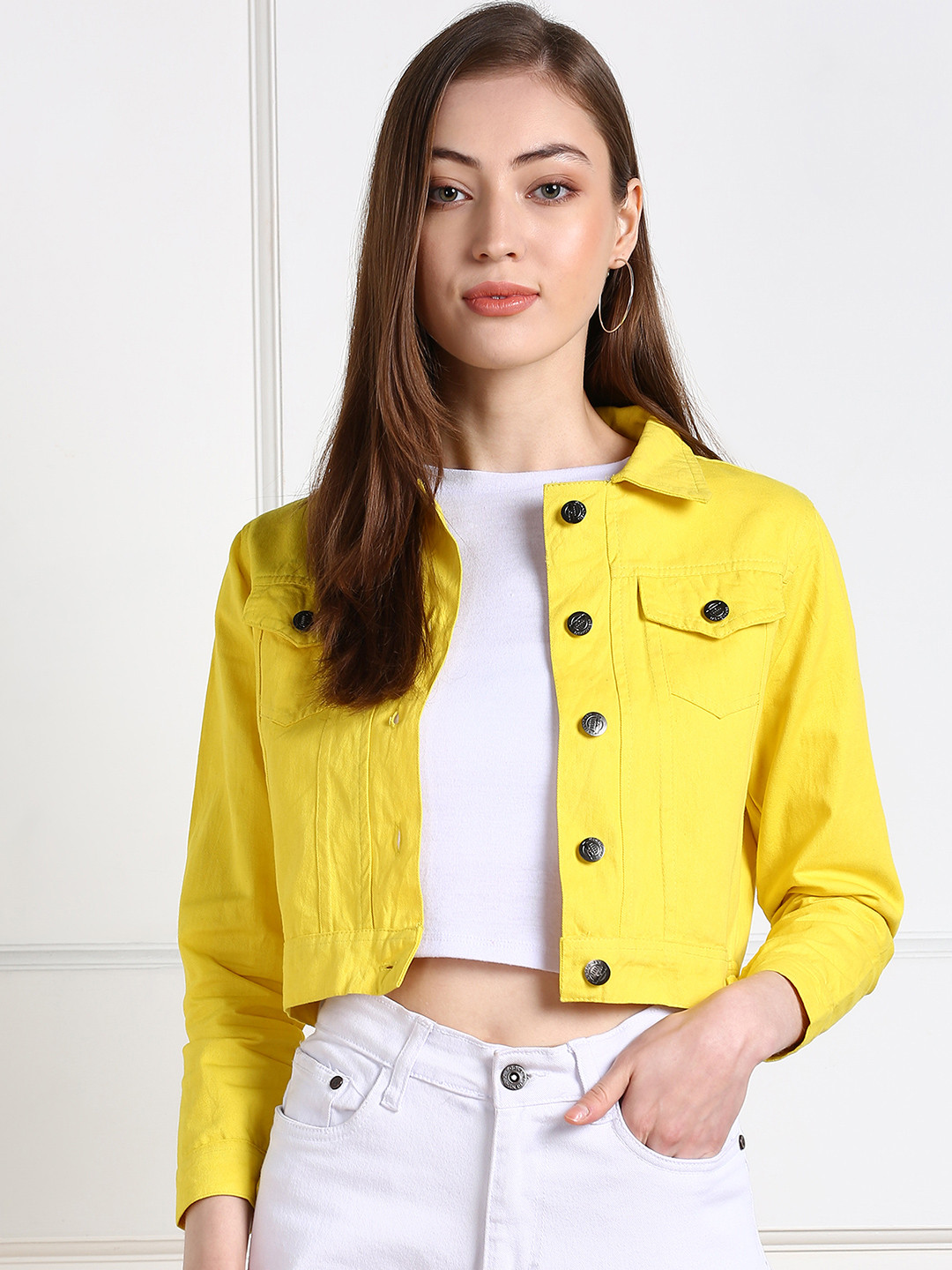Buy MONTREZ Women Yellow Crop Tailored Jacket - Jackets for Women ...