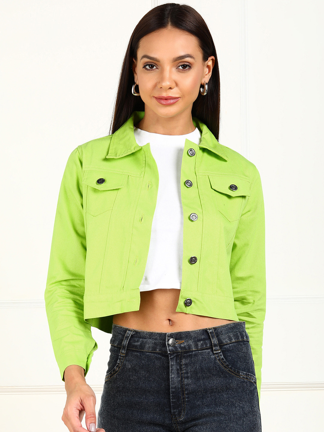 Buy MONTREZ Women Fluorescent Green Crop Denim Jacket - Jackets for ...