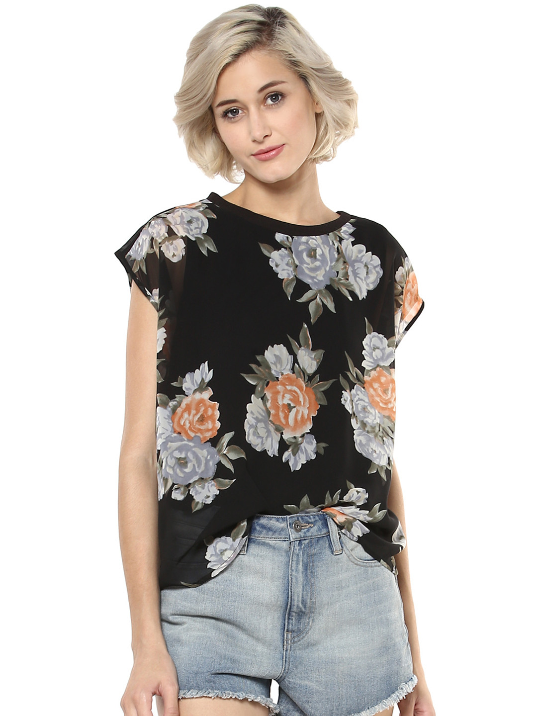 Buy Harpa Women Black Floral Print Semi Sheer Boxy Top - Tops for Women ...