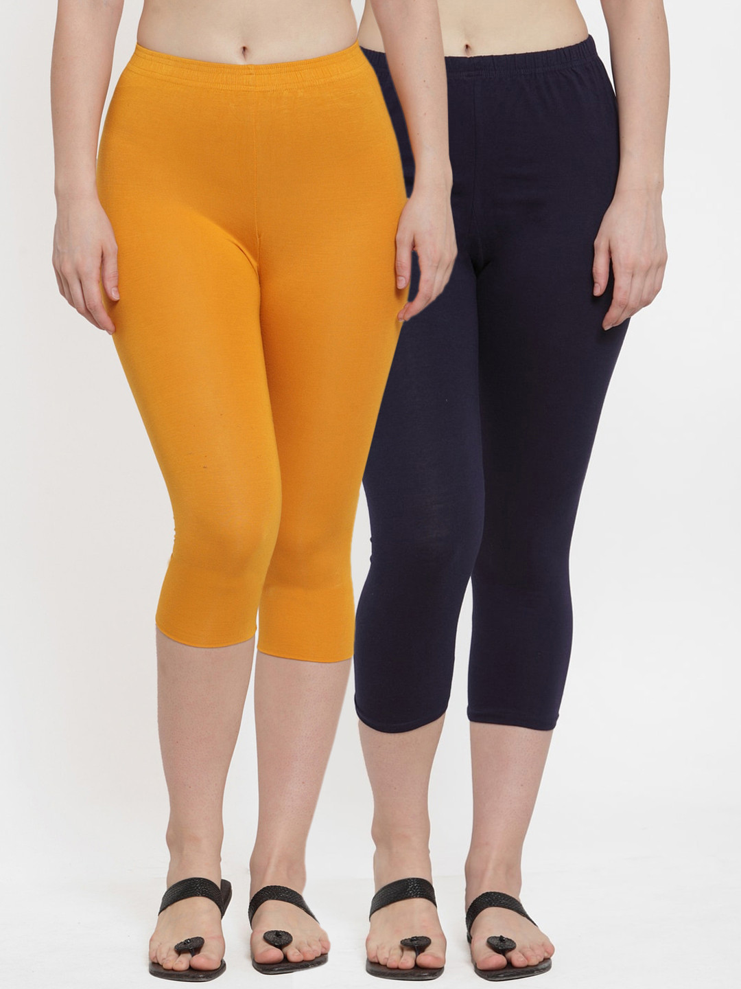 Buy GRACIT Women Pack Of 2 Navy Blue & Yellow Solid Cotton Capris ...