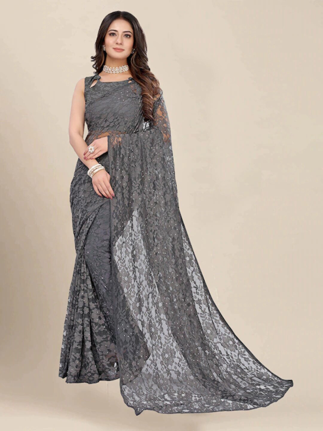 Buy MOKSHA DESIGNS Grey Embellished Net Saree - Sarees for Women ...