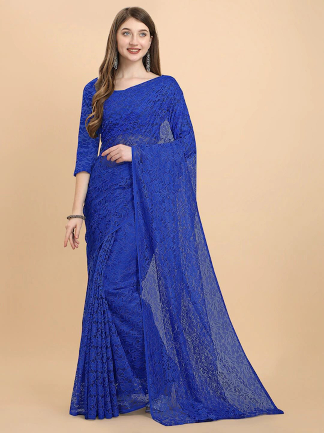 Buy MOKSHA DESIGNS Blue Floral Embllished Net Saree - Sarees for Women ...