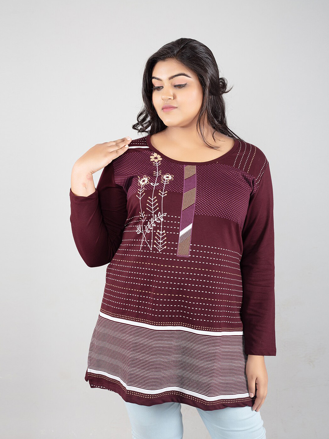 Buy CUPID Plus Size Maroon Floral Print Longline Top - Tops for Women ...