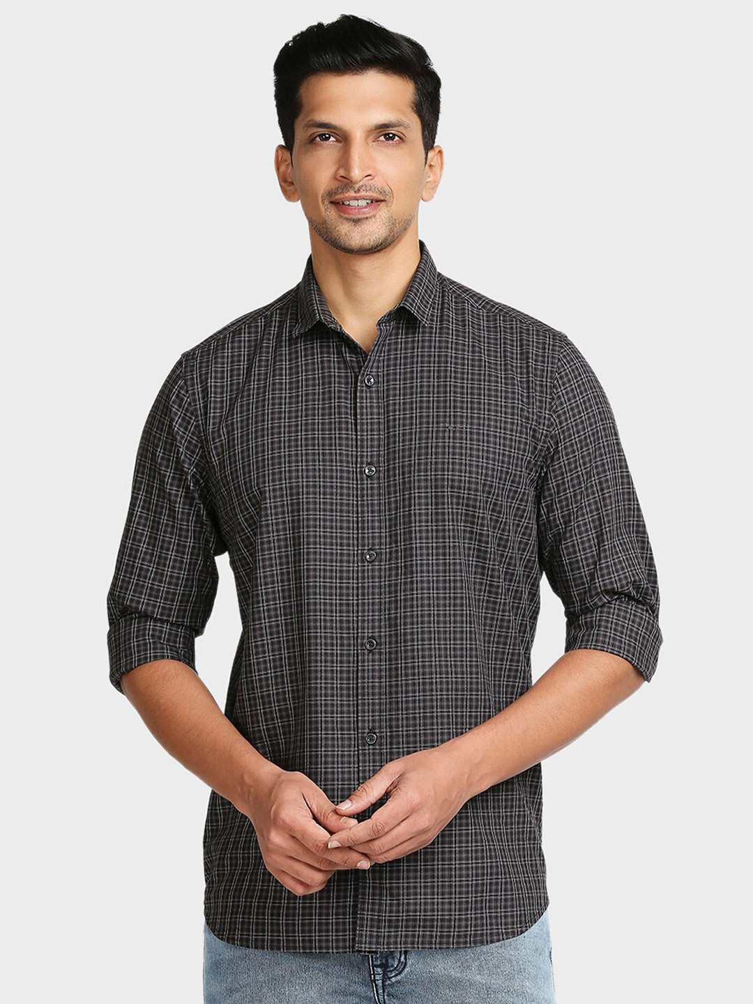 Buy ColorPlus Men Grey Tailored Fit Checked Casual Shirt - Shirts for ...