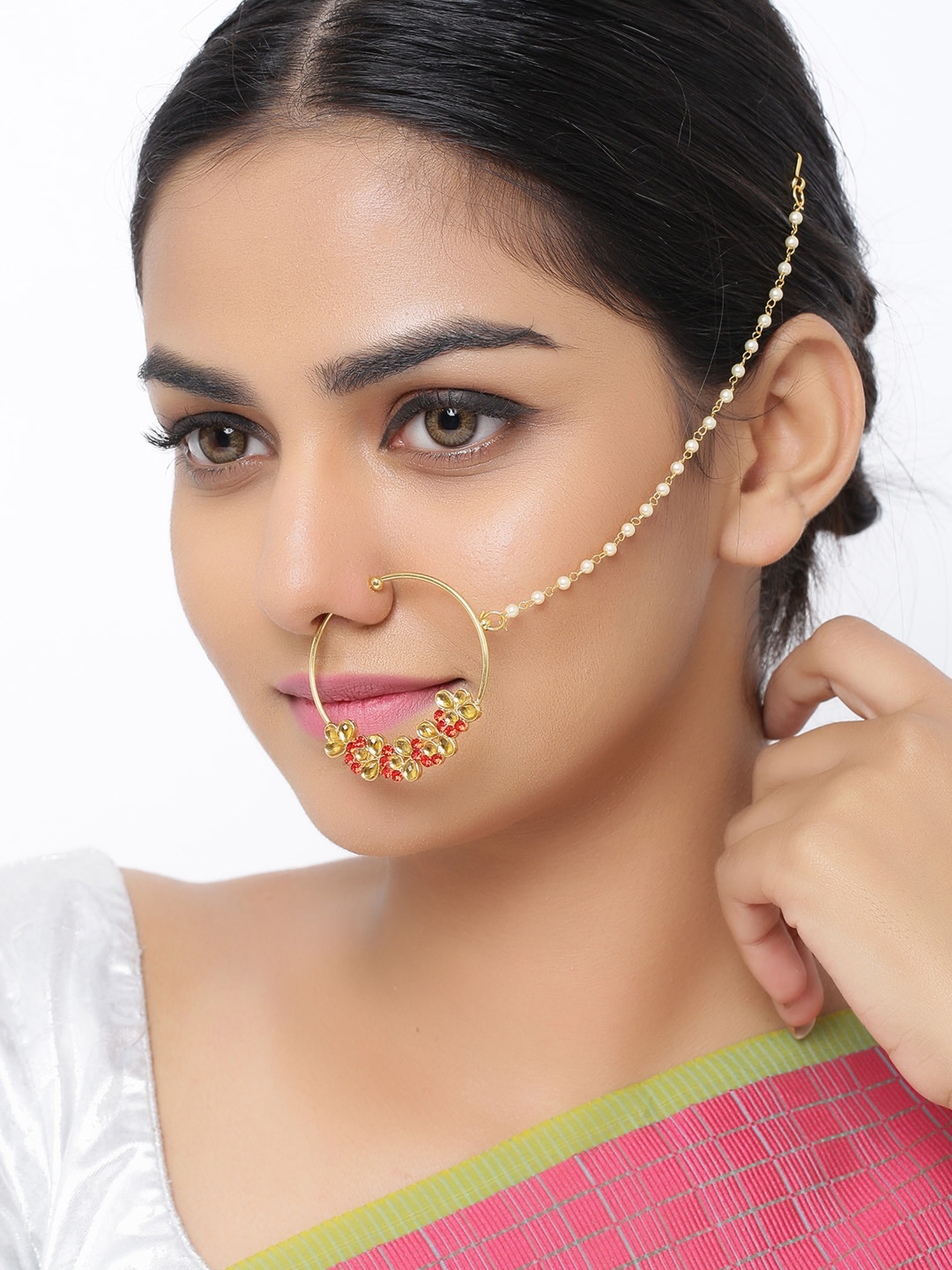 Buy Sanjog Gold Plated Red Kundan Studded & Beaded Chained Non Piercing ... Buy Sanjog Gold Plated Red Kundan Studded & Beaded Chained Non Piercing ...