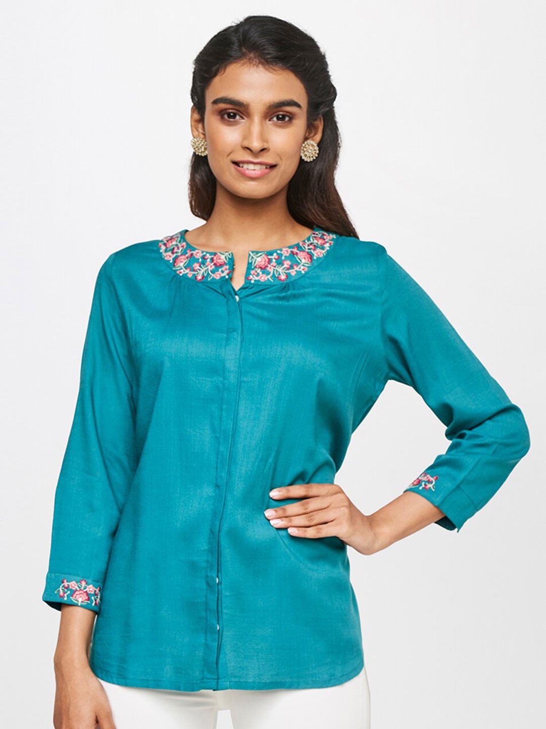Buy Global Desi Women Teal Solid Neck Embroidered Top Tops For Women