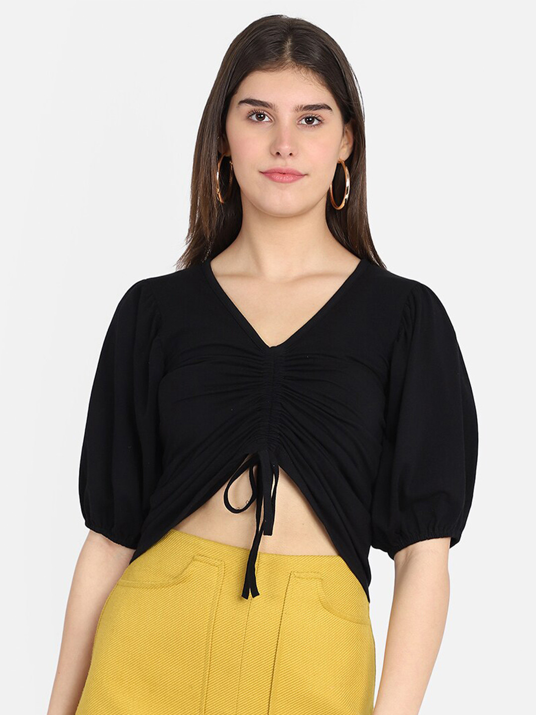 Buy MARZENI Women Black Solid High Low Crop Top - Tops for Women ...