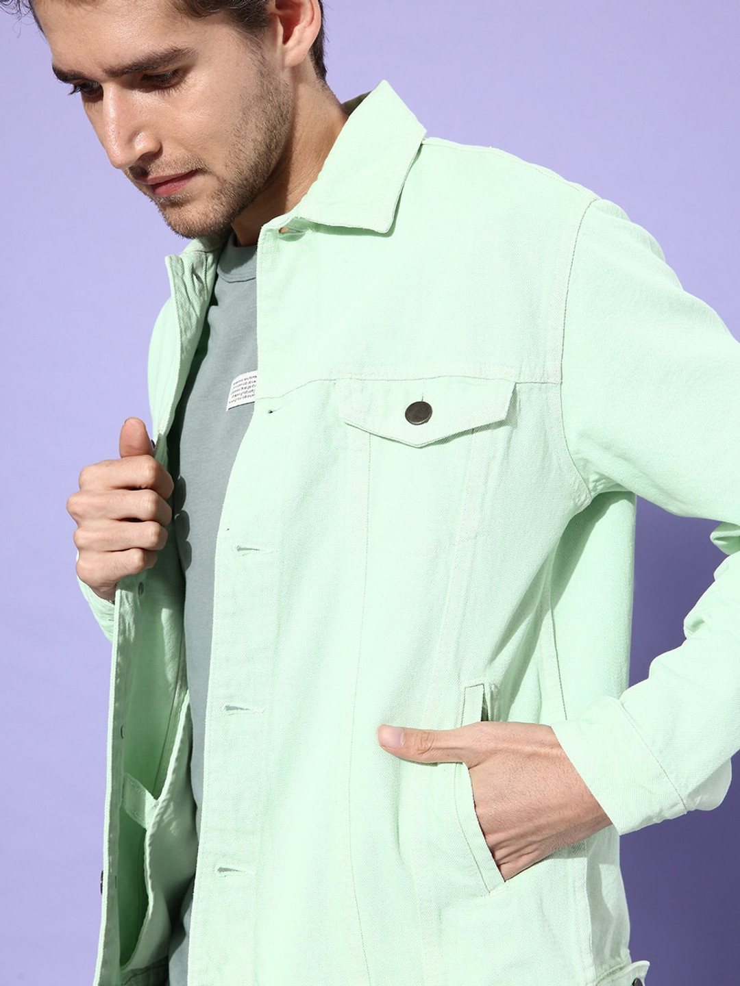 Buy WROGN Men Light Green Solid Pure Cotton Denim Jacket - Jackets for ...