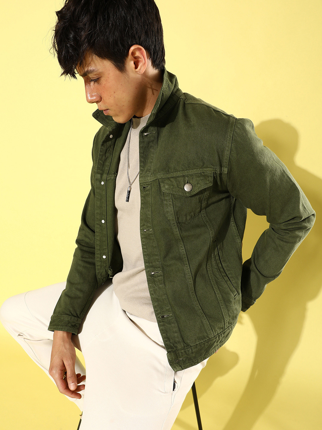 Buy WROGN Men Olive Green Solid Pure Cotton Denim Jacket - Jackets for ...