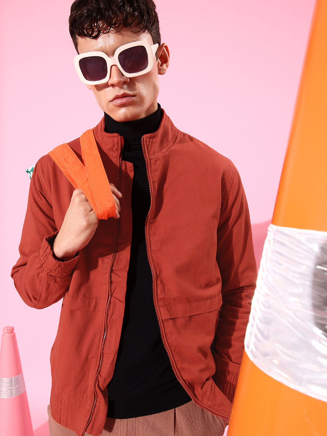 Buy WROGN Men Rust Orange Solid Mock Collar Denim Jacket - Jackets for ...