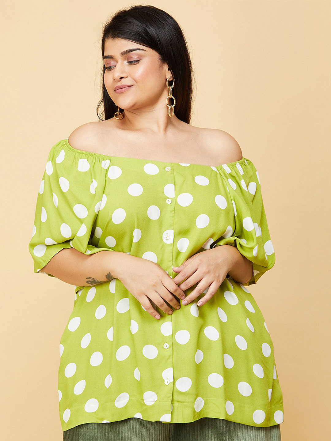 Buy Max Green Print Off Shoulder Bardot Longline Top - Tops for Women ...