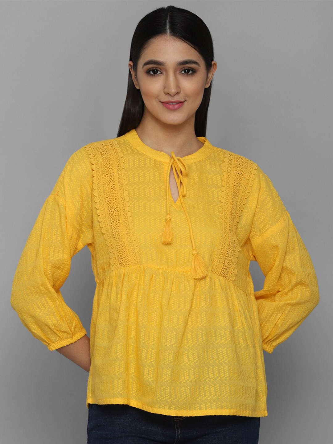 Buy Allen Solly Woman Yellow Tie Up Neck Pure Cotton Empire Top Tops