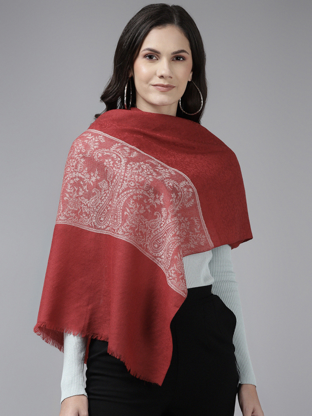 Buy Cayman Women Red & Off White Woven Design Woollen Winter Stole ...