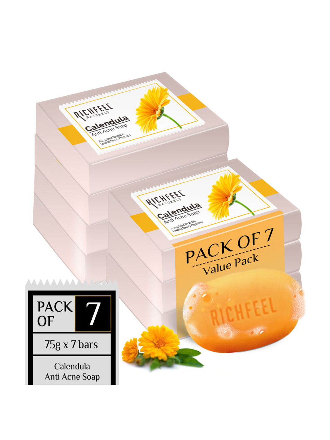 Buy Richfeel Set Of 7 Calendula Acne Soap 525g - Soap for Unisex ...