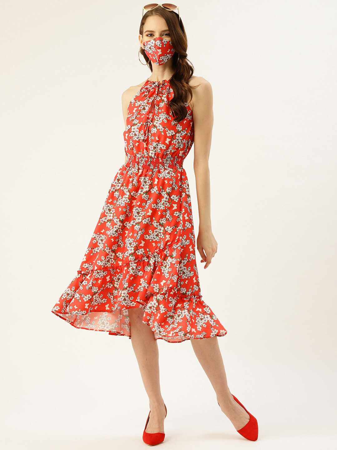 Buy Sangria Red Floral Halter Neck Crepe Midi Dress - Dresses for Women ...
