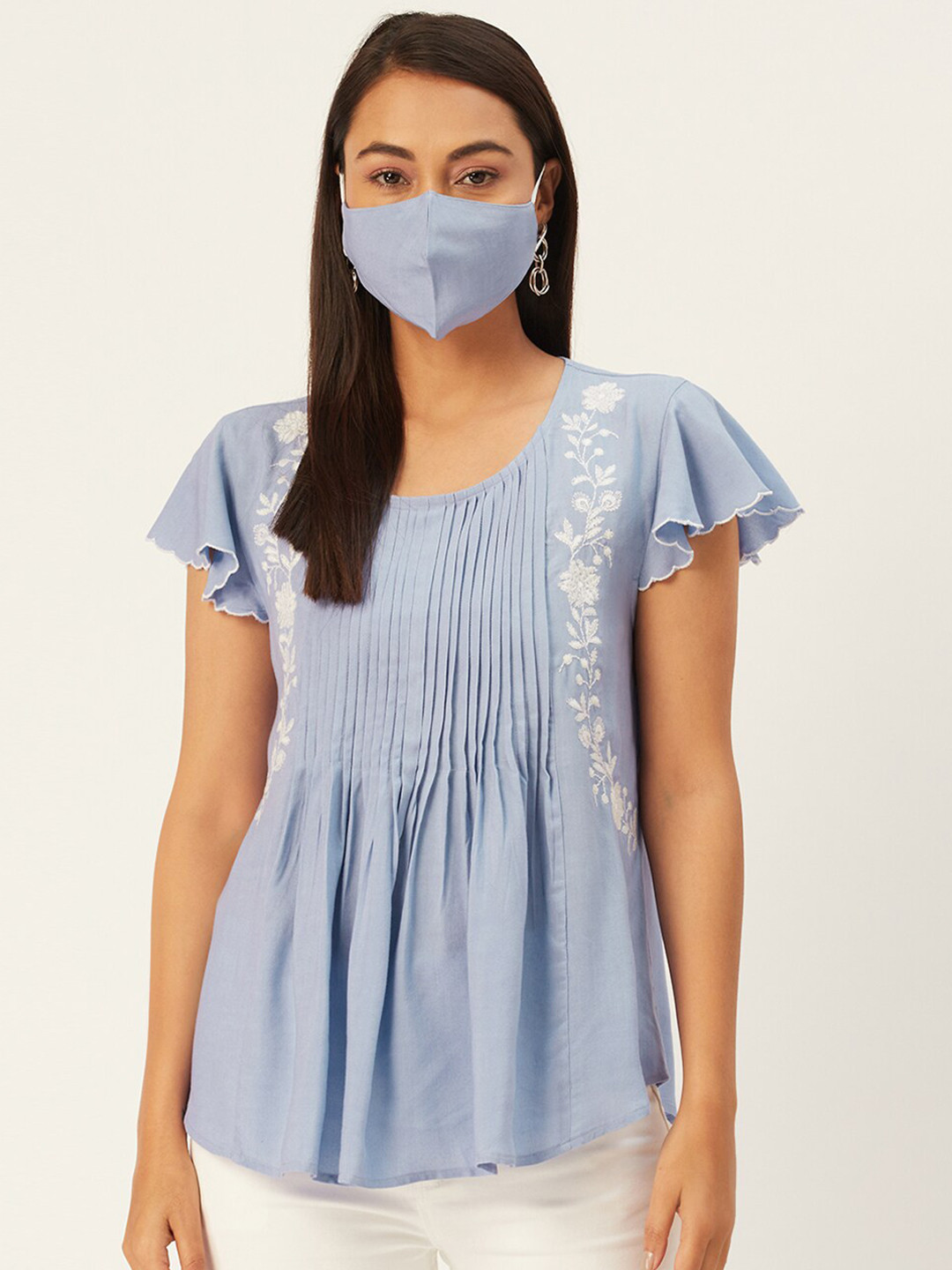 Buy Sangria Blue & White Floral Embroidered Top - Tops for Women ...
