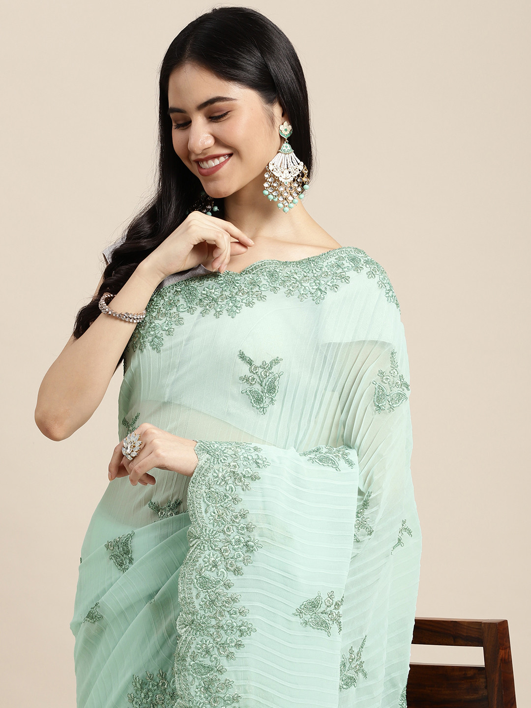 Buy Pothys Green Ethnic Motifs Embroidered Pure Chiffon Saree - Sarees ...