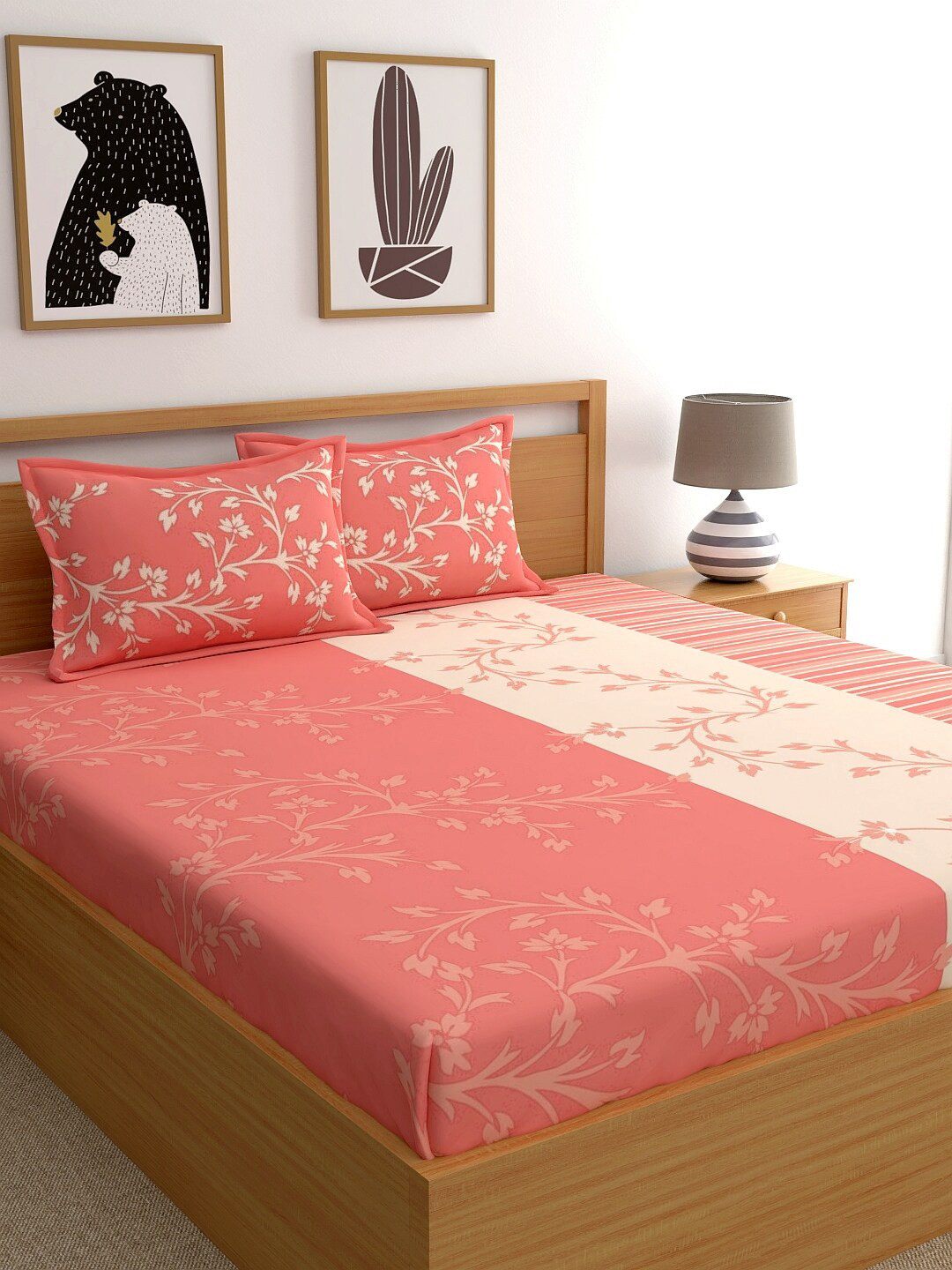 Buy Dreamscape Peach Coloured & Pink Floral 140 TC King Bedsheet With 2 ...
