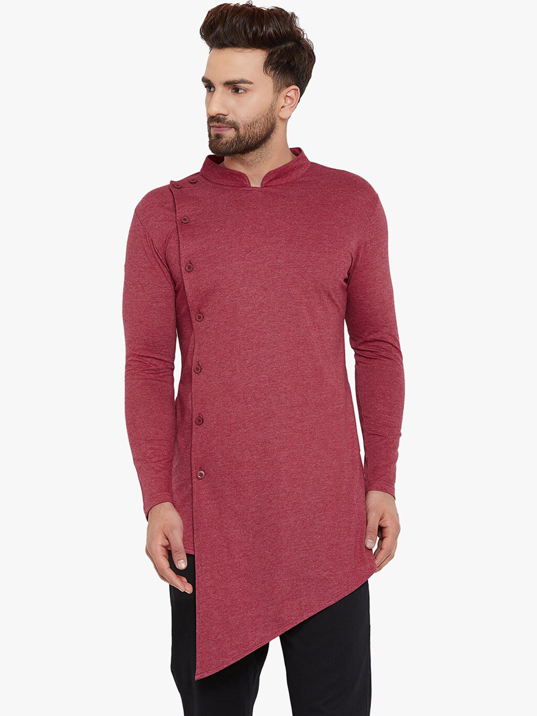 Buy Hypernation Men Maroon Mandarin Collar Kurta - Kurtas for Men ...