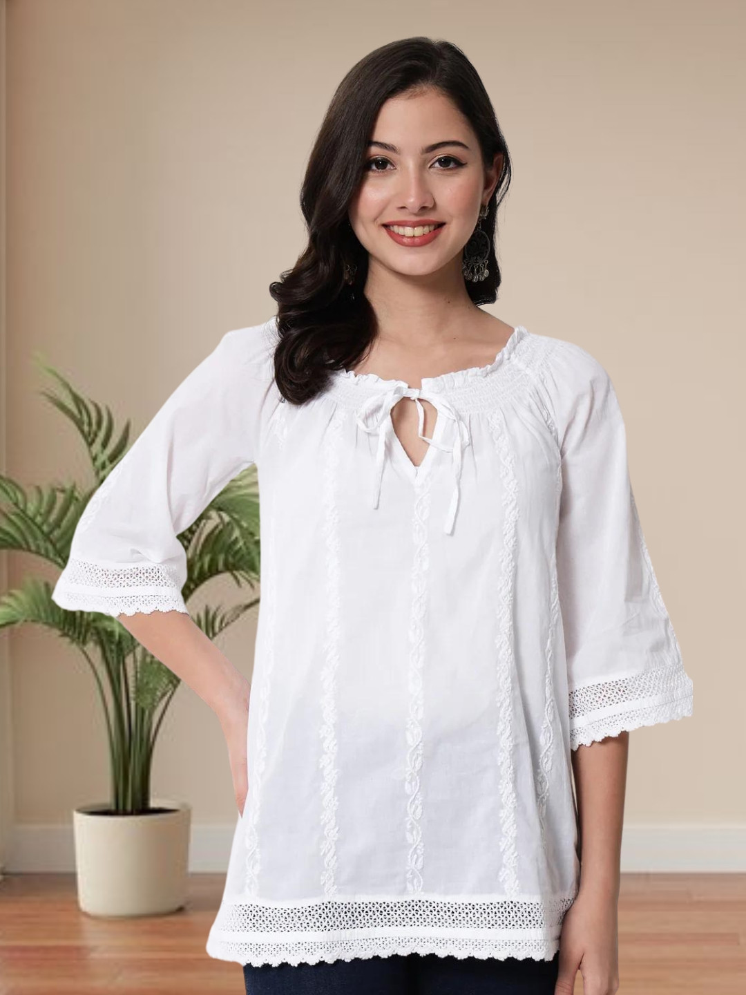 Buy PARAMOUNT CHIKAN Women White Ethnic Motifs Embroidered Chikankari ...