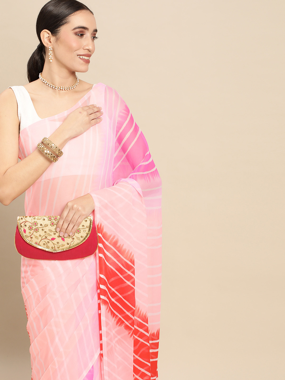 Buy Rani Saahiba Peach Coloured & Red Leheriya Saree - Sarees for Women ...
