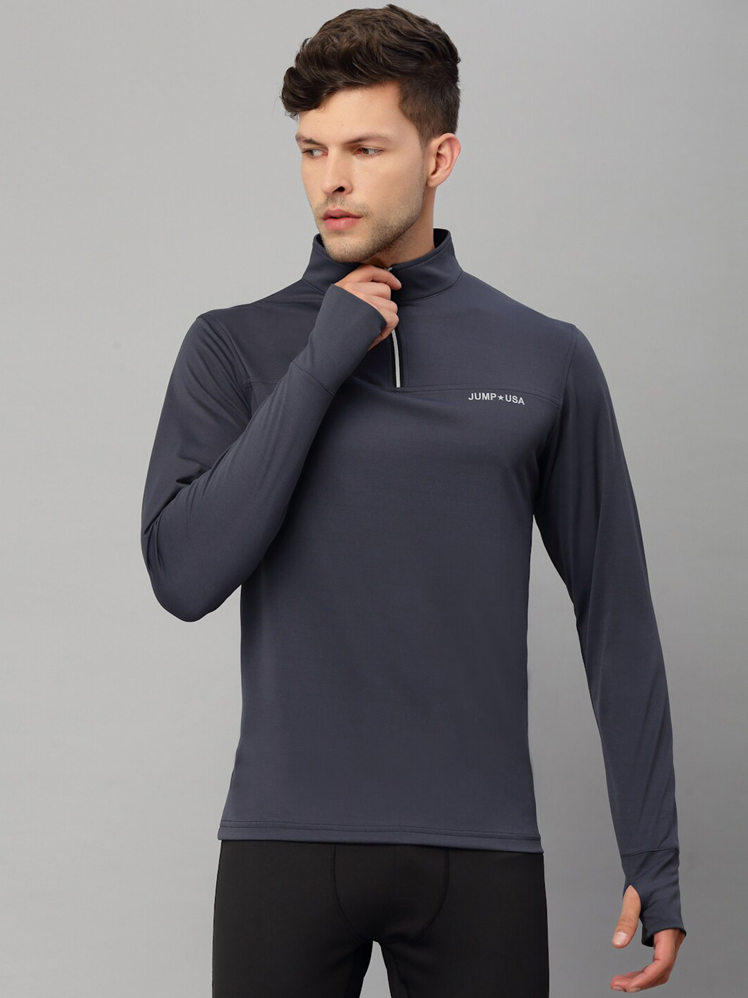 Buy JUMP USA Men Navy Blue & Grey Brand Logo High Neck T Shirt ...