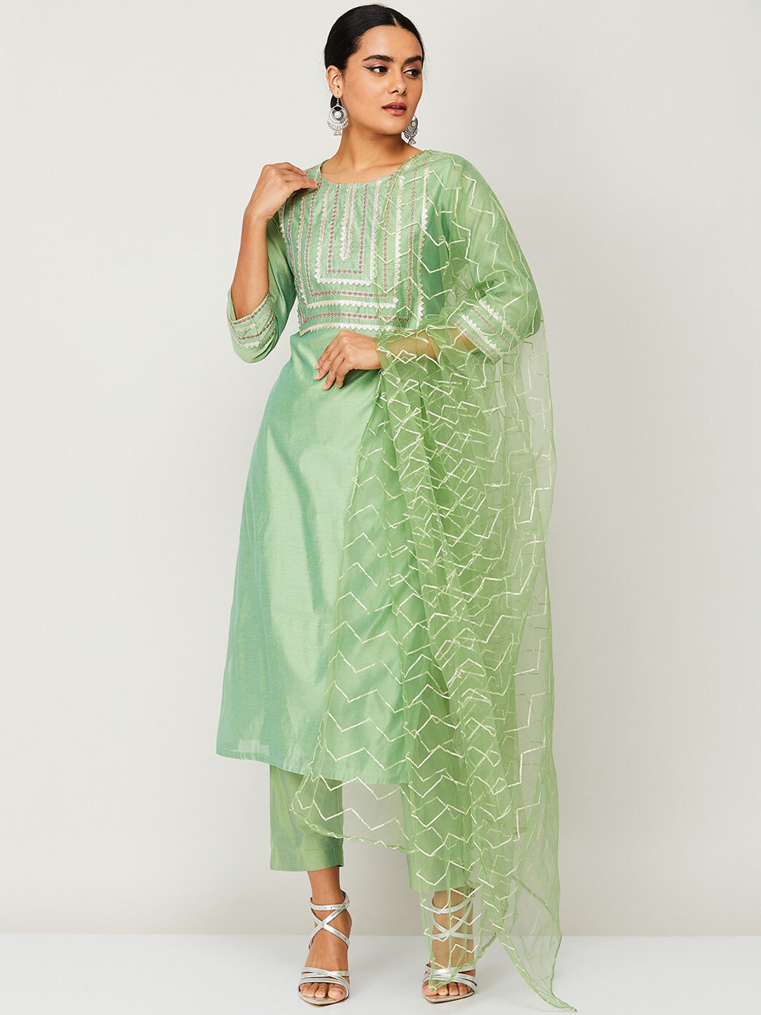 Buy Melange By Lifestyle Women Green Gotta Patti Kurta With Trousers ...