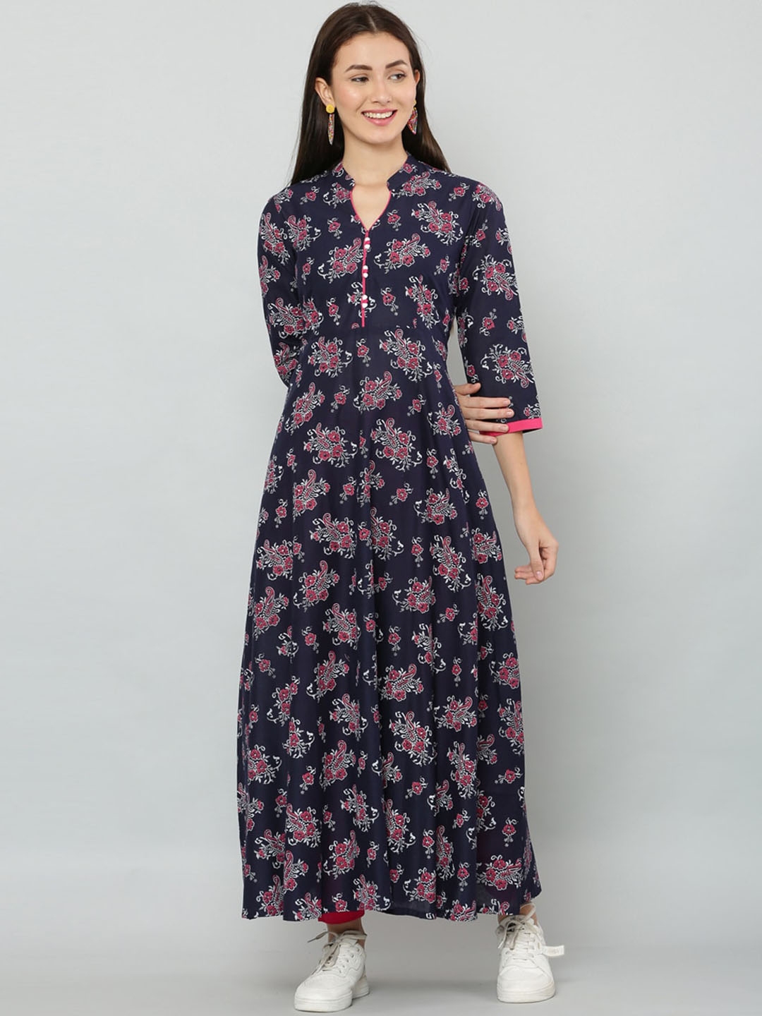 Buy Ezis Fashion Women Navy Blue And Pink Floral Printed Anarkali Kurta