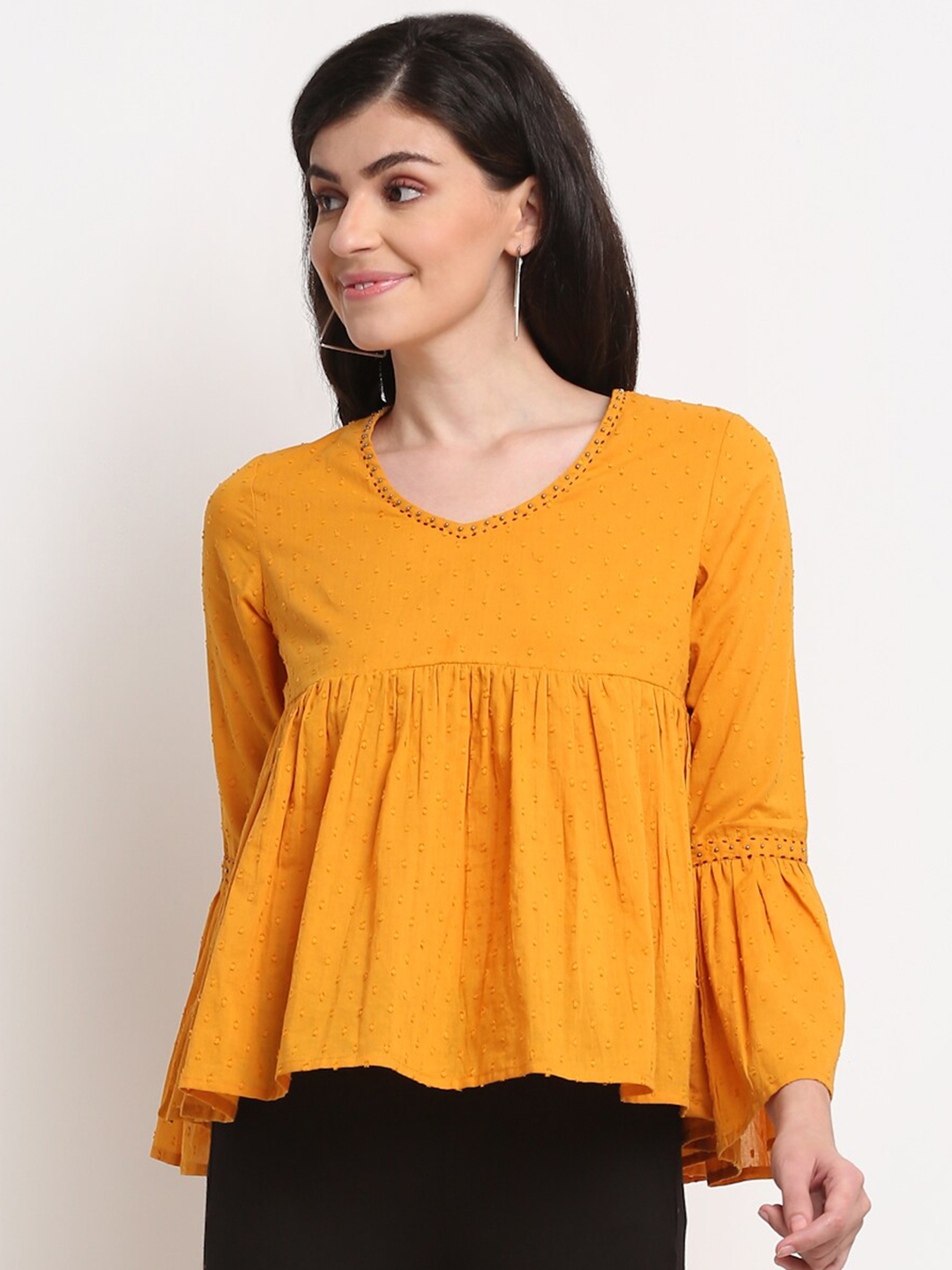 Buy La Zoire Women Mustard Yellow Self Design Cotton Empire Top Tops