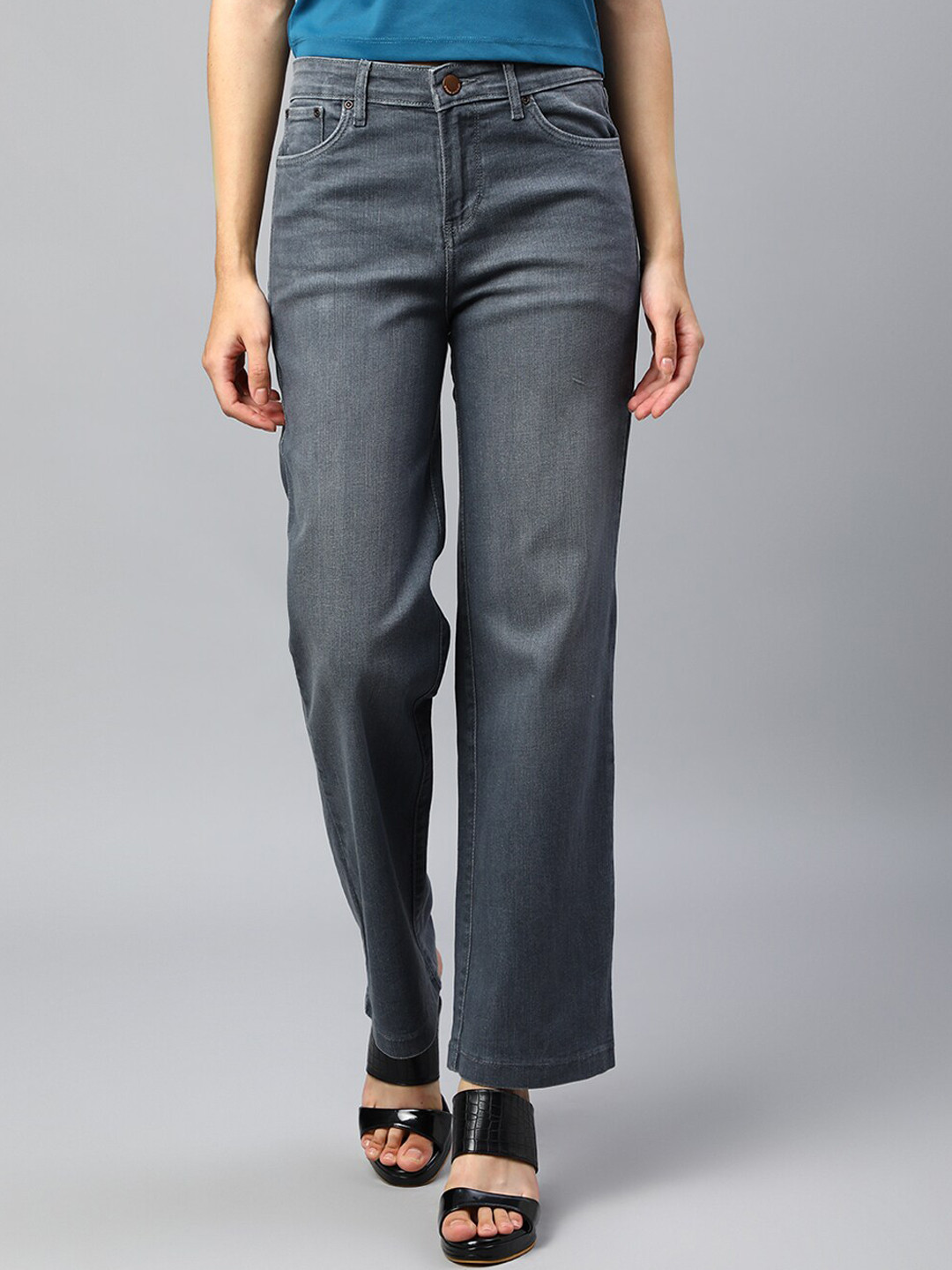 Buy Xpose Women Grey Comfort Wide Leg Light Fade Stretchable Jeans ...