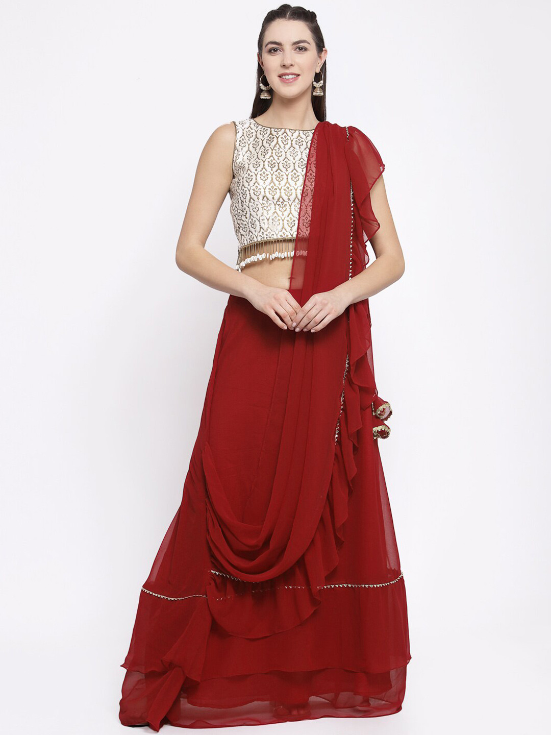 Buy Studio Rasa Maroon & White Printed Ready To Wear Lehenga - Lehenga ...