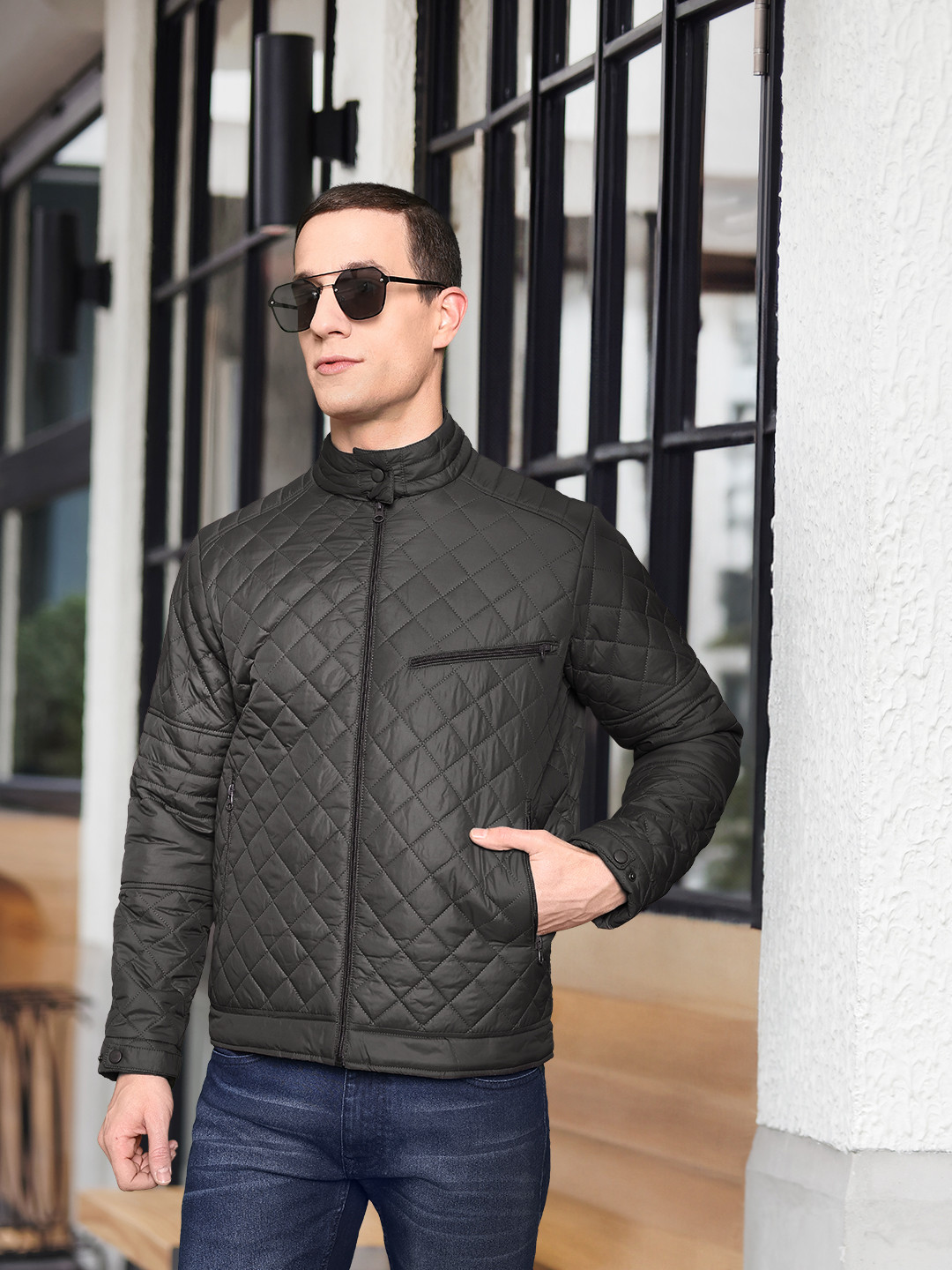 Buy The Indian Garage Co Men Slim Fit Zip Front Puffer Jacket With ...