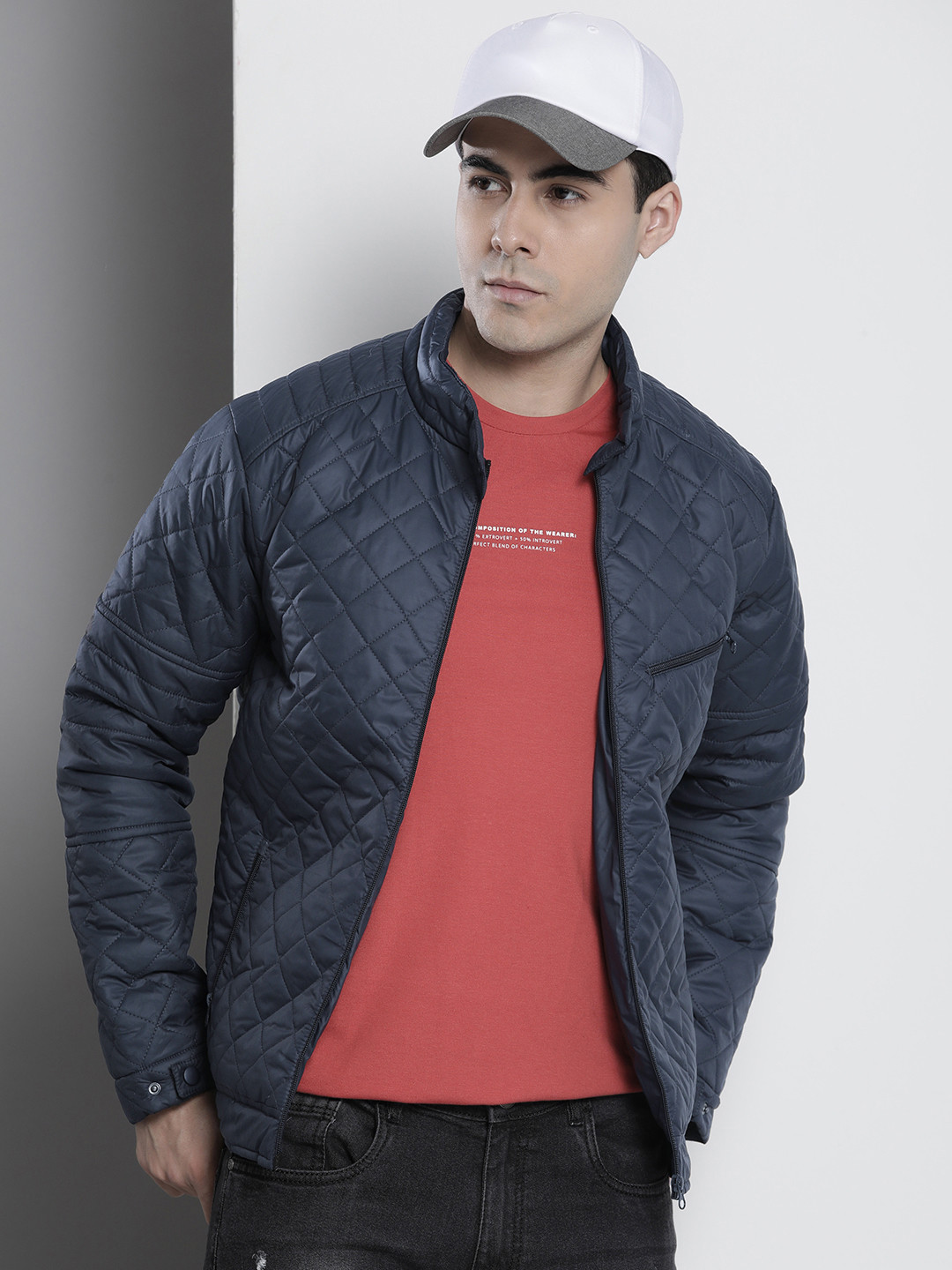 Buy The Indian Garage Co Men Navy Blue Stand Collar Quilted Jacket ...