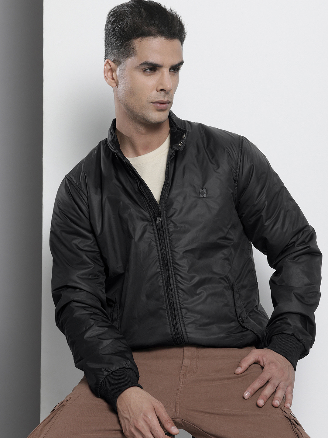 Buy The Indian Garage Co Men Black Solid Bomber Jacket - Jackets for ...