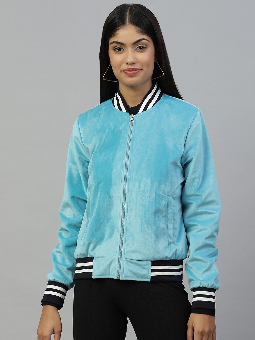 Buy Pierre Carlo Women Turquoise Blue Varsity Jacket - Jackets for ...