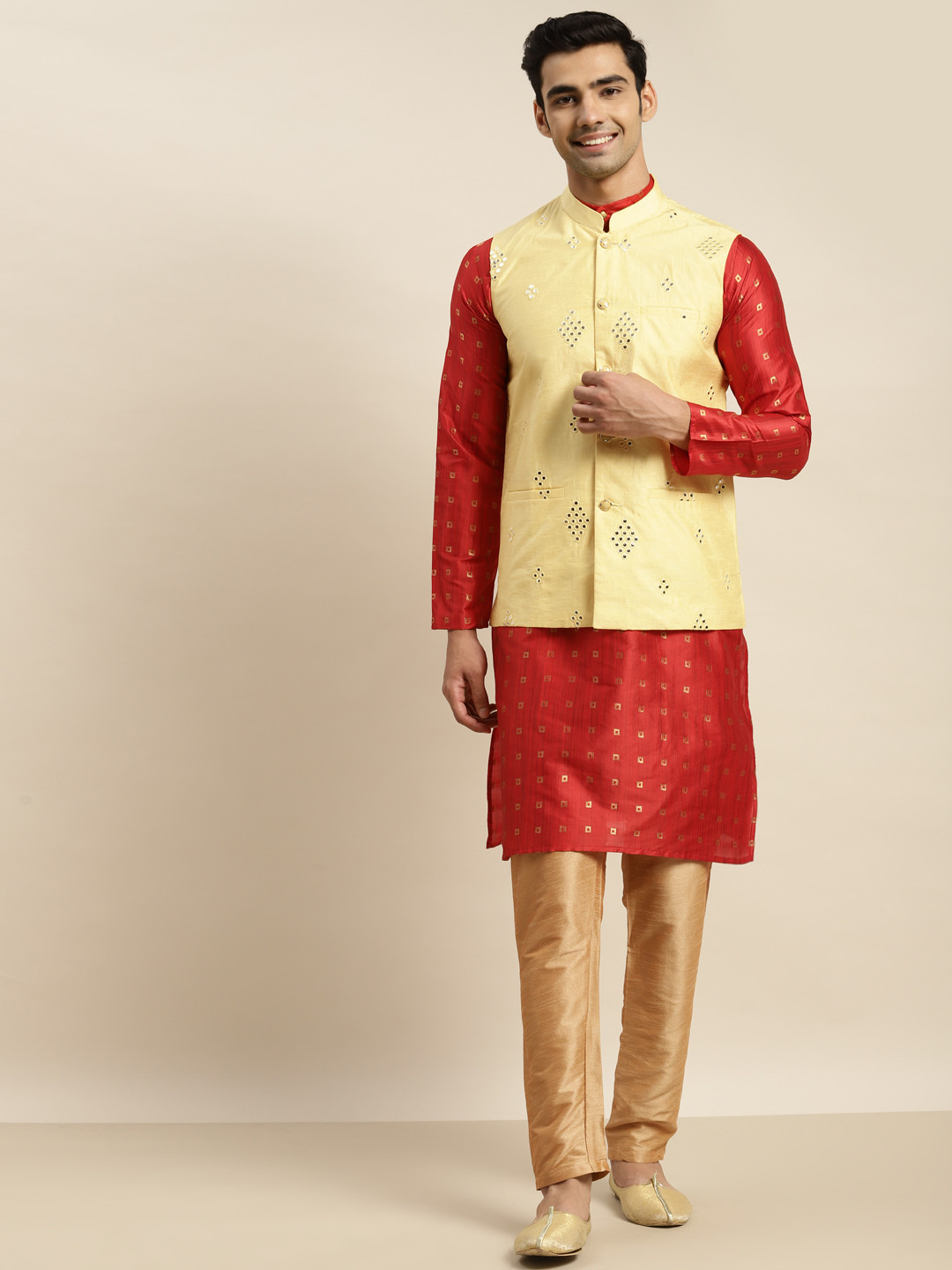 Buy SOJANYA Men Maroon Mirror Work Kurta With Churidar & Nehru Jacket ...