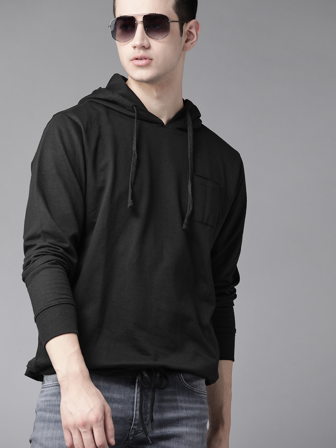 Buy Roadster Men Black Solid Hooded Sweatshirt - Sweatshirts for Men ...