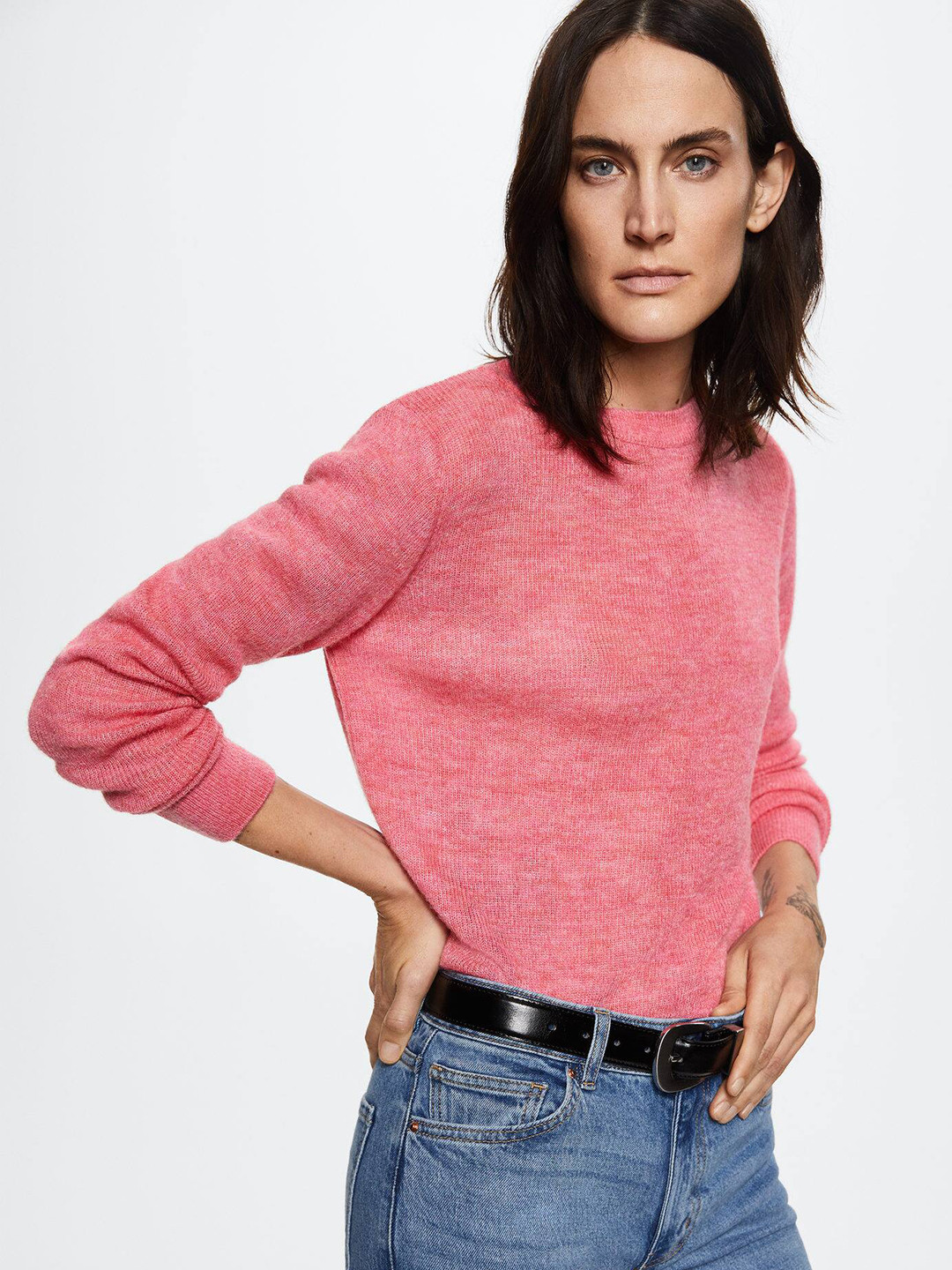 Buy MANGO Women Pink Round Neck Knitted Pullover - Sweaters for Women ...