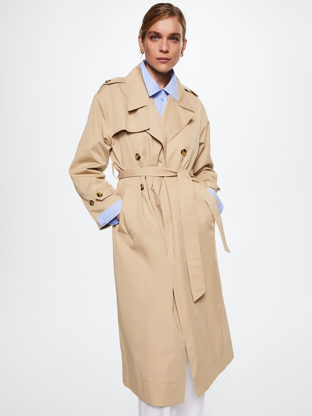Buy MANGO Women Beige Solid Button Detail Sustainable Longline Trench ...